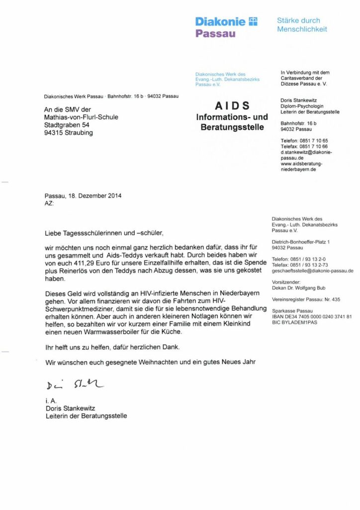 411,29 Euro für HIV-infizierte Menschen - Mathias-von-Flurl-Schule 411,29 Euro für HIV-infizierte Menschen - Mathias-von-Flurl-Schule